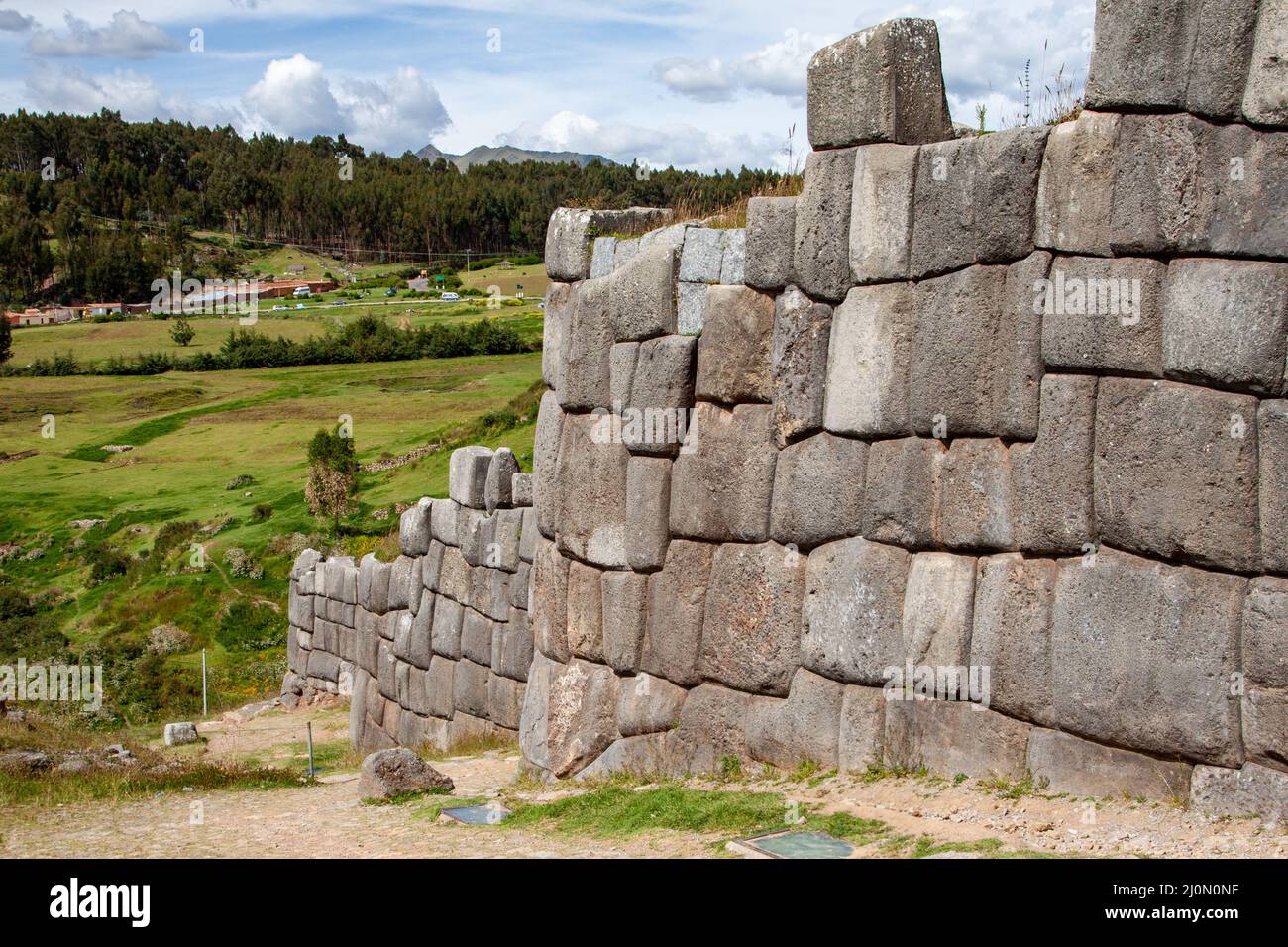 Beautiful view of the Saqsaywaman Inca archaeological site with large ...