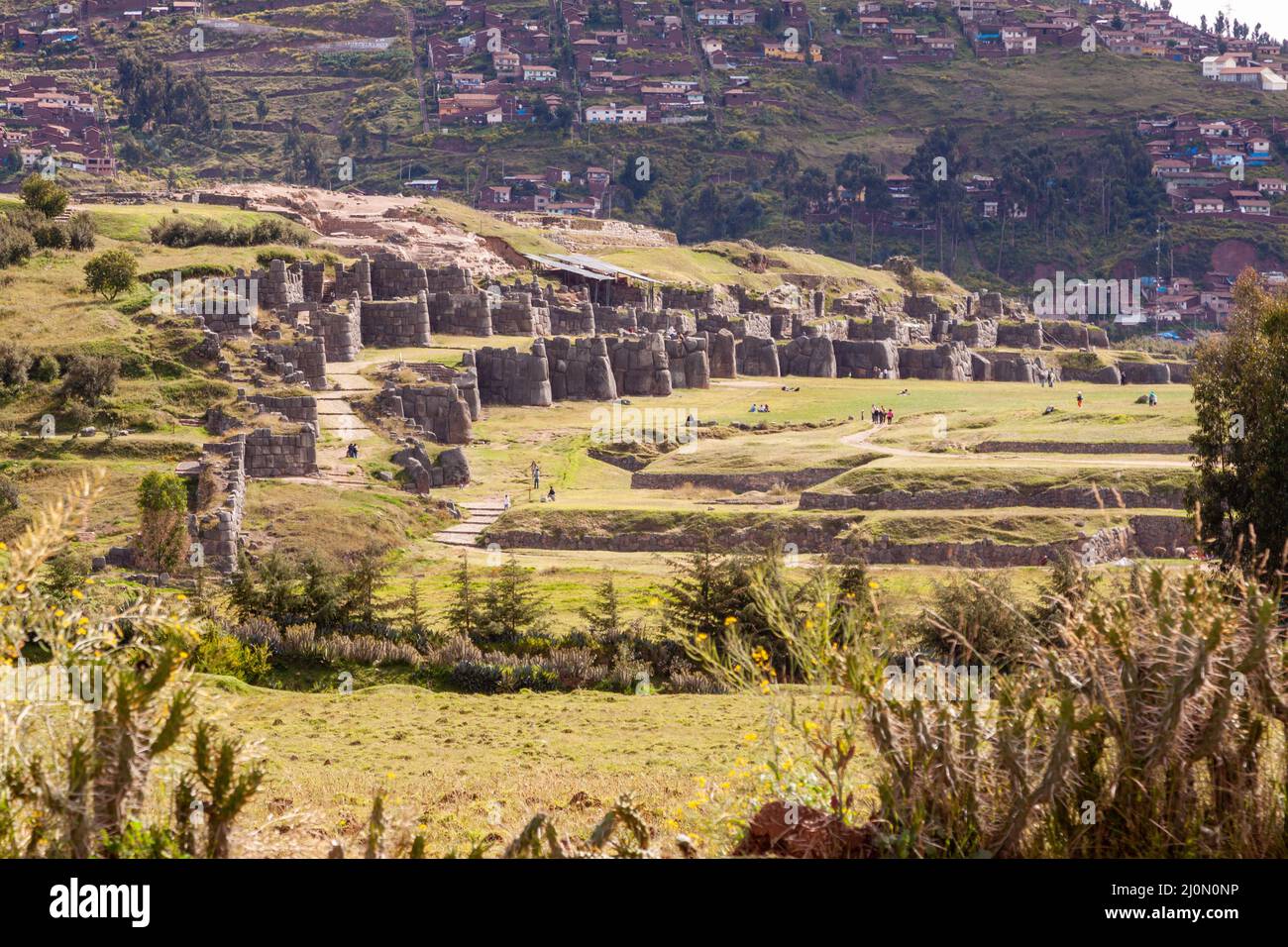 Beautiful view of the Saqsaywaman Inca archaeological site with large ...
