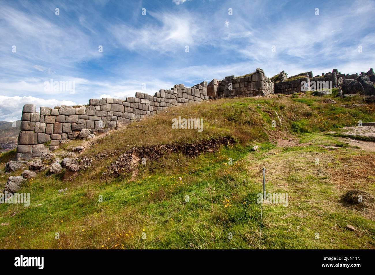 Beautiful view of the Saqsaywaman Inca archaeological site with large ...