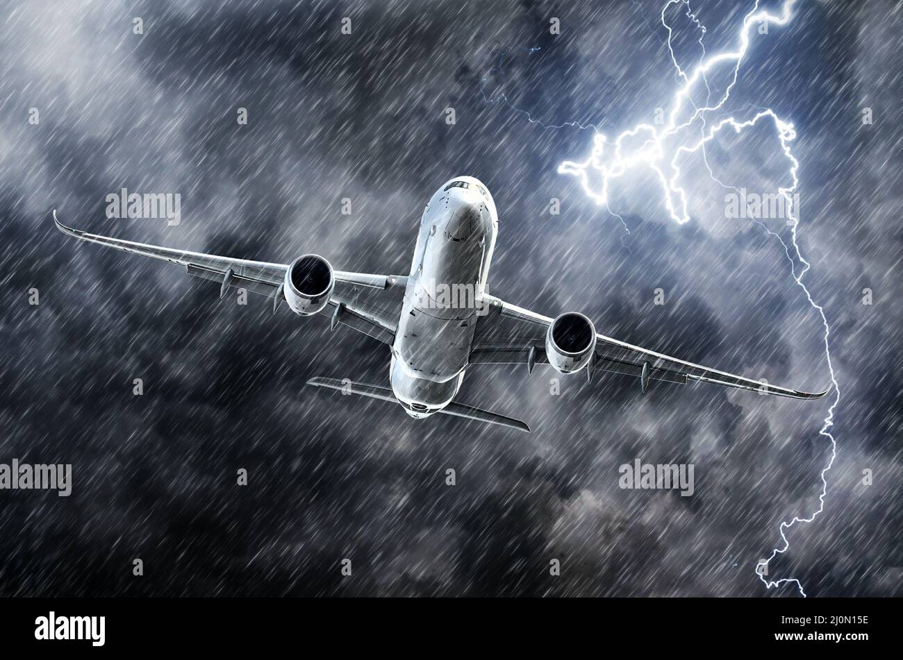 Powerful thunderstorm lightning strike and heavy rain in the sky ...