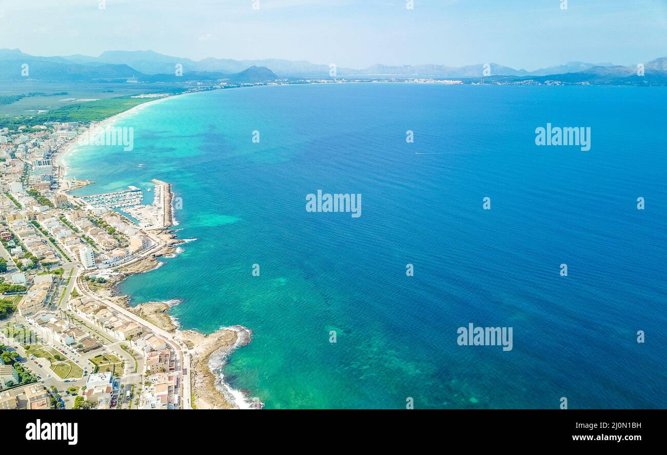 Cityscape and beach drone landscape panorama Can Picafort Mallorca ...