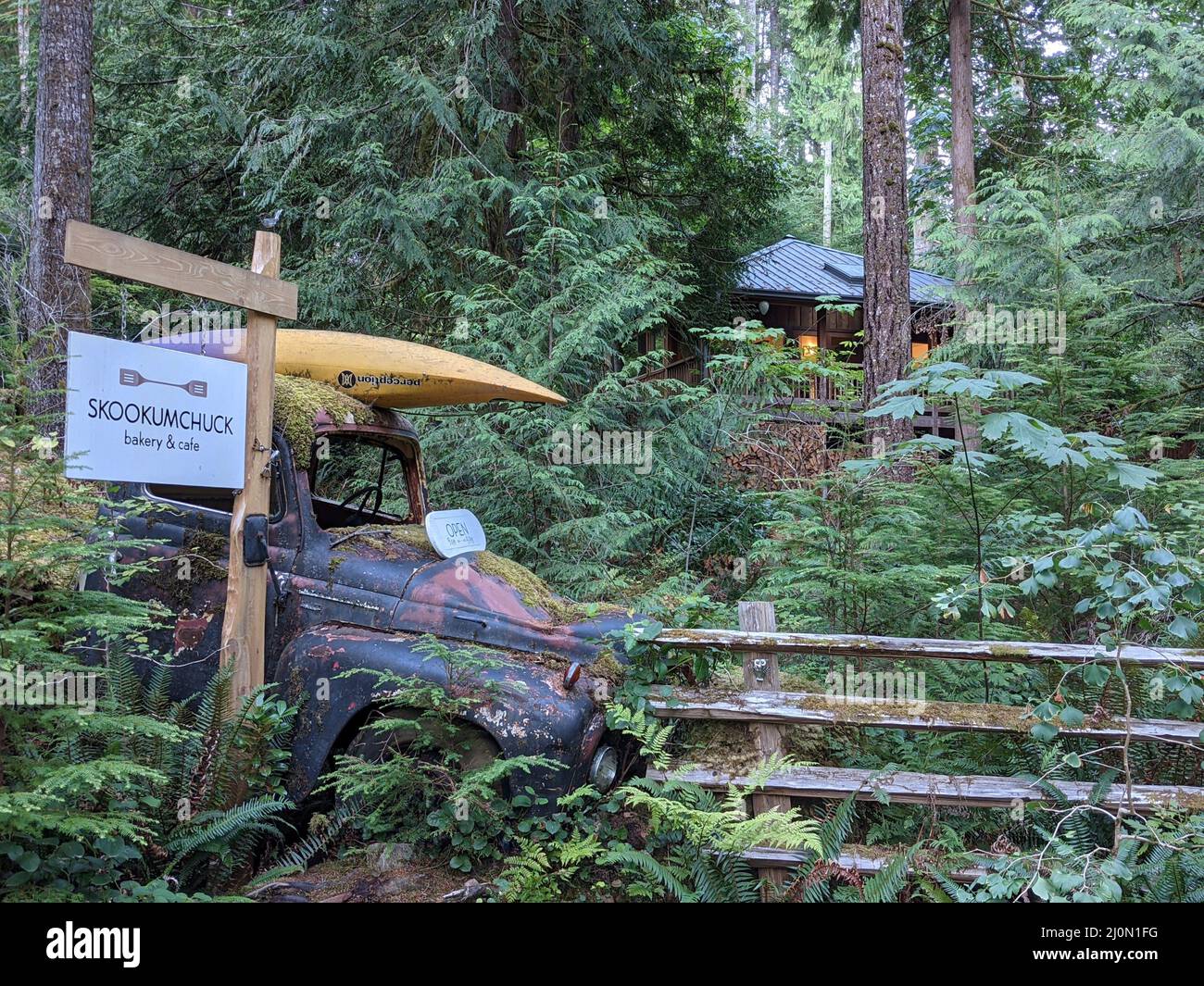 Sign for a bakery and cafe hidden in a forest in Egmont, Canada Stock ...