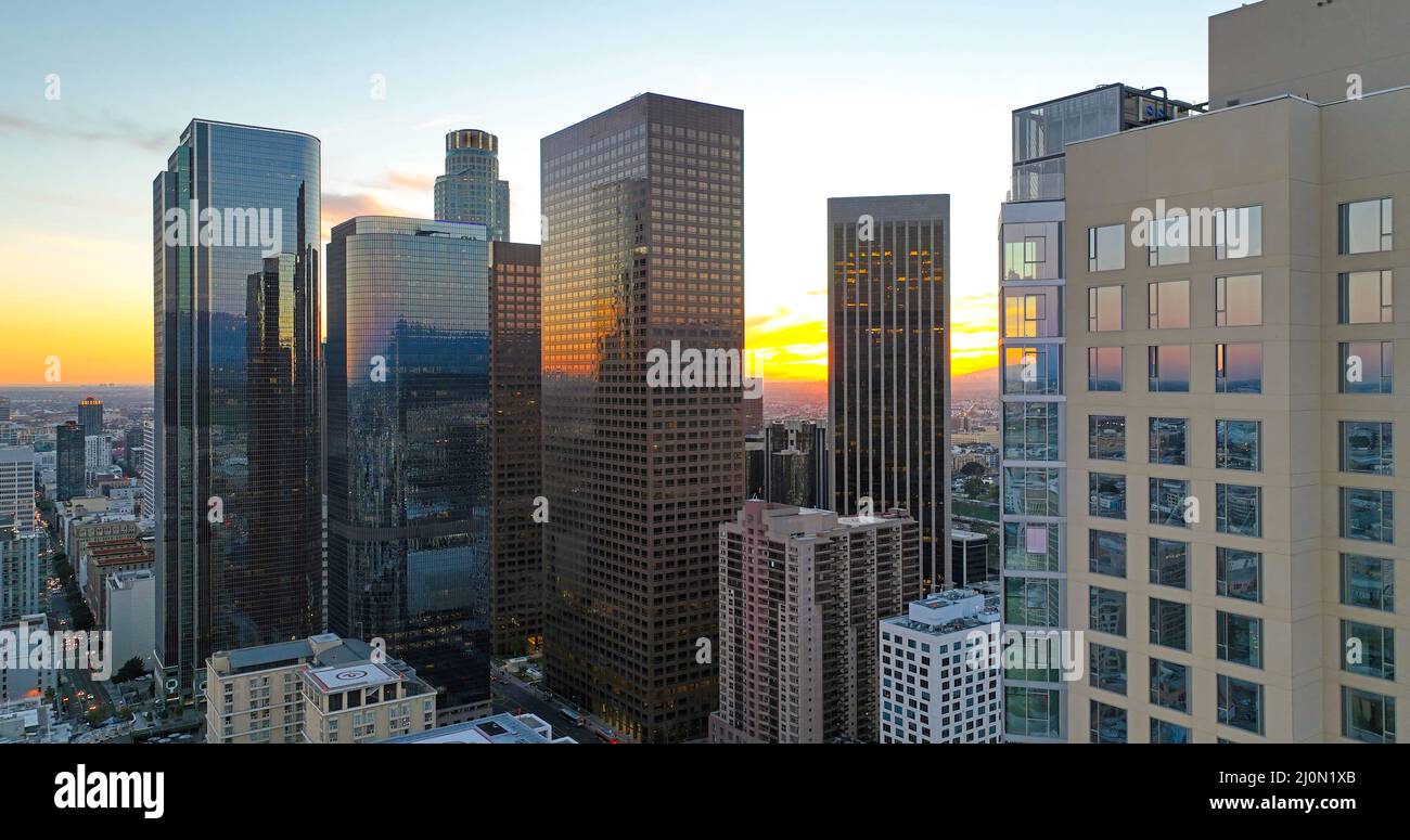 Los Angeles skyline and skyscrapers. Downtown Los Angeles aerial view ...