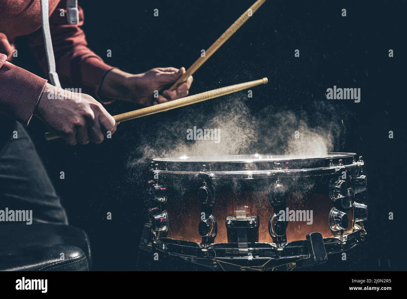 The drummer's hands hold drumsticks and play the snare drum Stock Photo ...