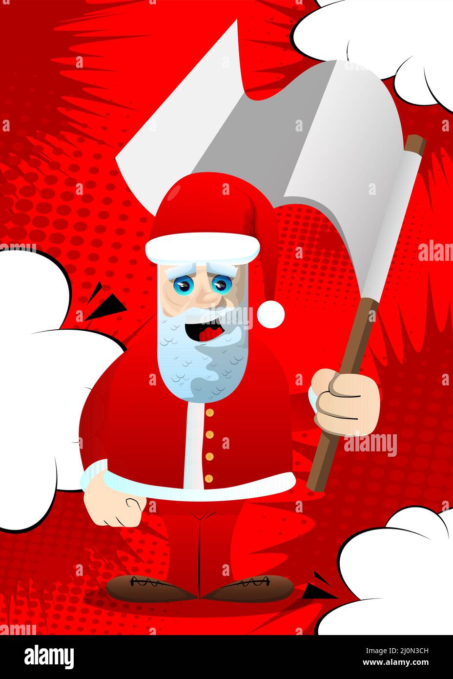 Santa Claus in his red clothes with white beard holds white flag of ...