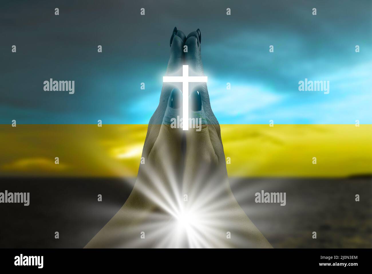 Prayer Hands in National flag of Ukraine yellow and blue colors. Pray ...