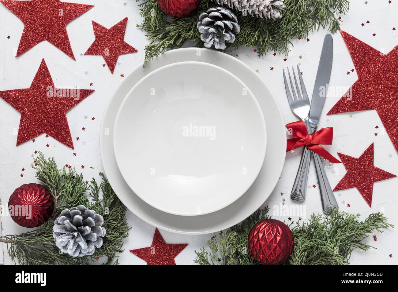 Flat lay festive christmas table assortment Stock Photo - Alamy
