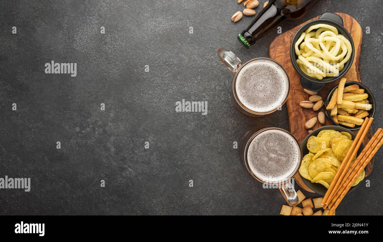 Flat lay frame with beer snacks Stock Photo - Alamy