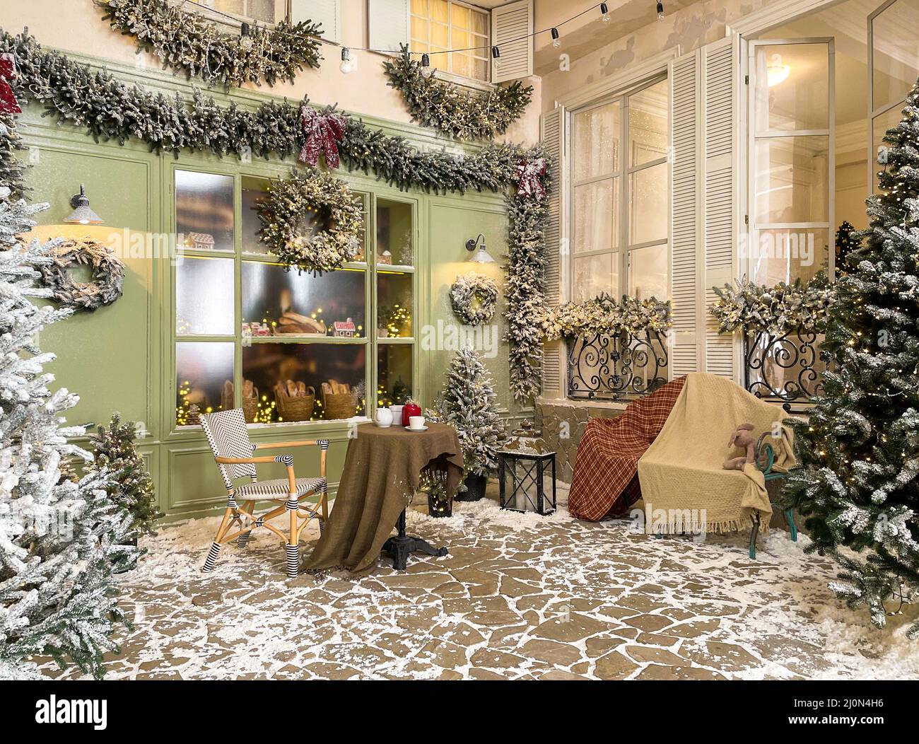 Christmas cafe bakery in snow decorations Stock Photo - Alamy