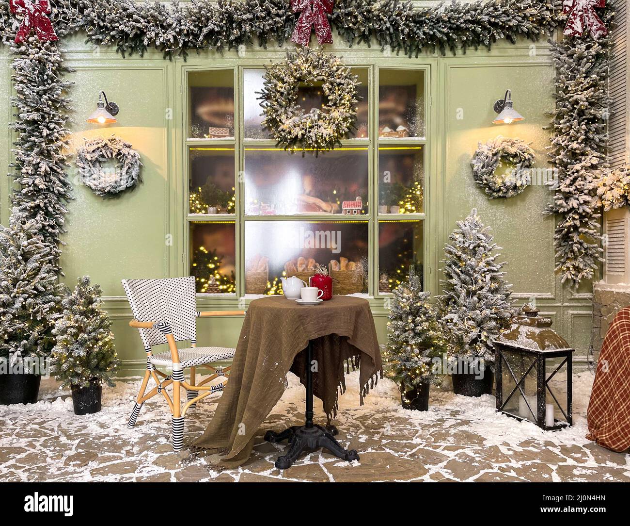 Christmas cafe bakery in snow decorations Stock Photo - Alamy