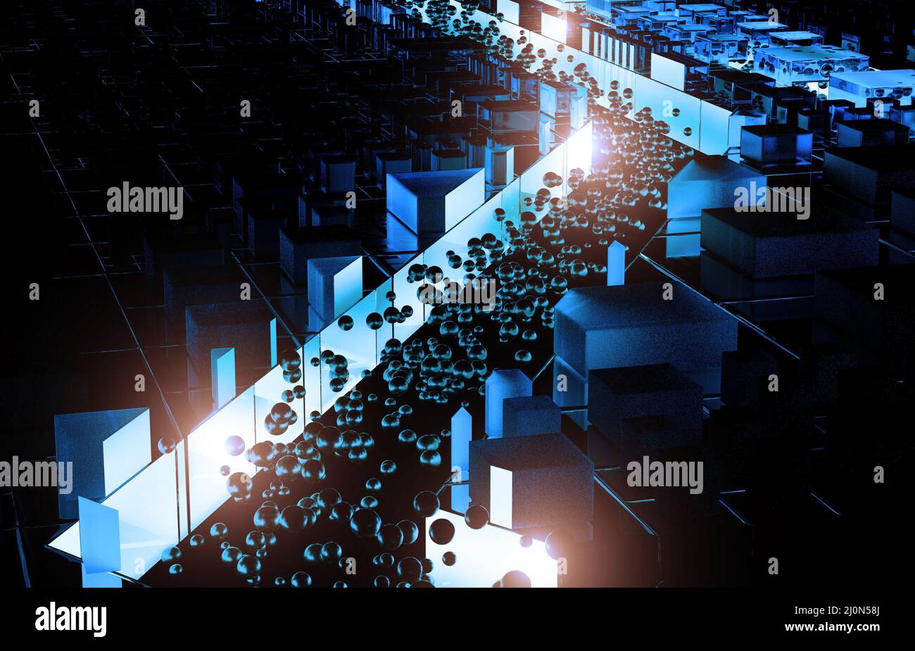 Techno background. Dark balls roll down the glass corridor. 3D ...