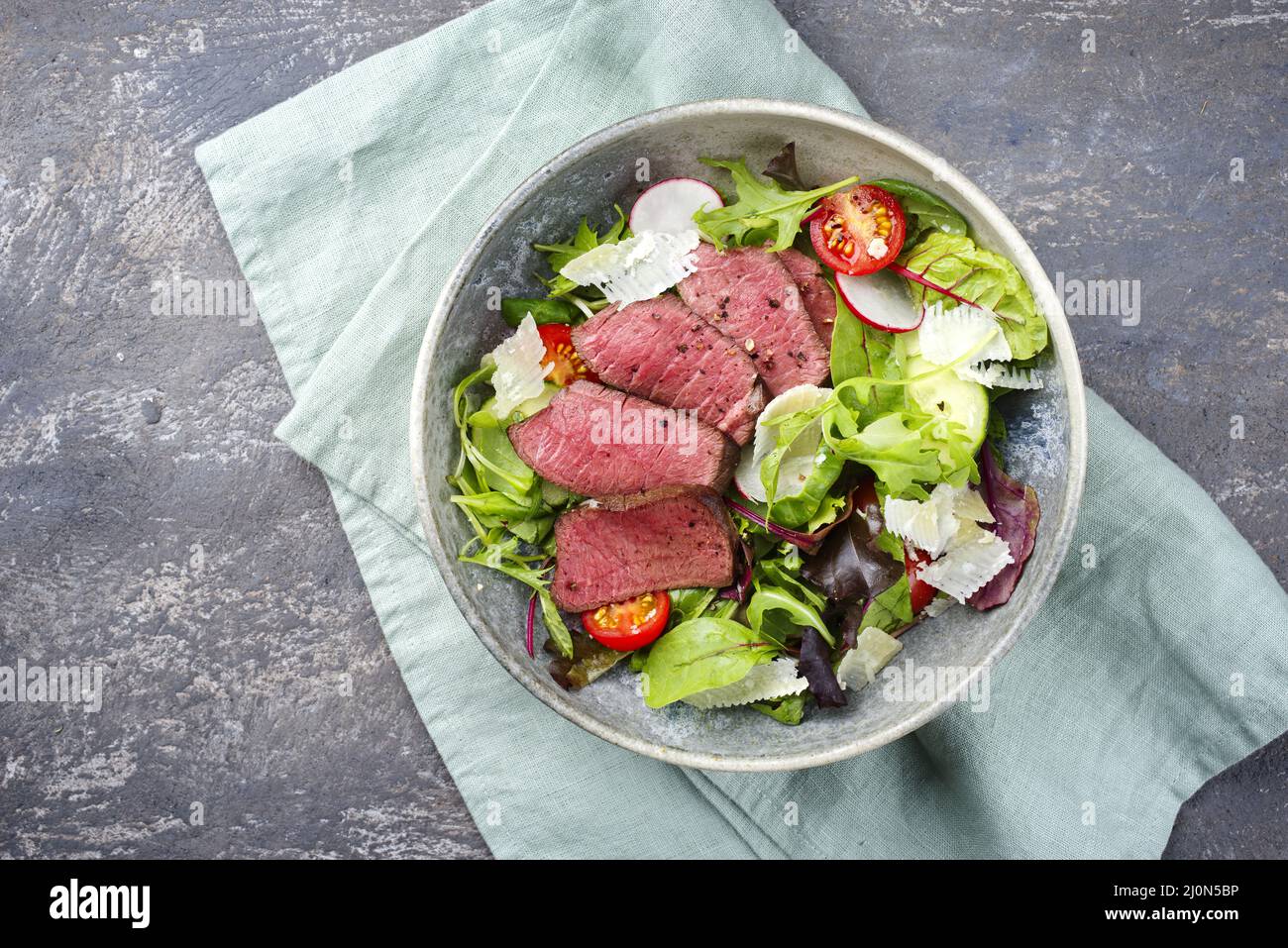 Modern style traditional fried dry aged bison beef rump steak slices ...