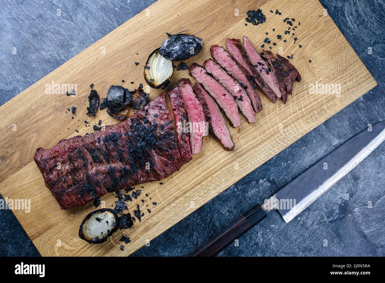 Traditional barbecue wagyu gourmet bavette steak served as top view on ...