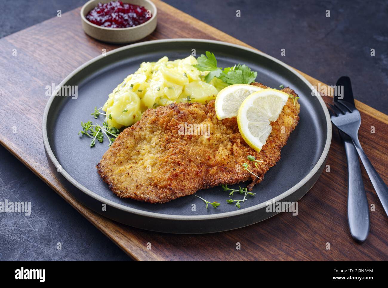 Traditional deep-fried schnitzel with potato salad and cranberries ...