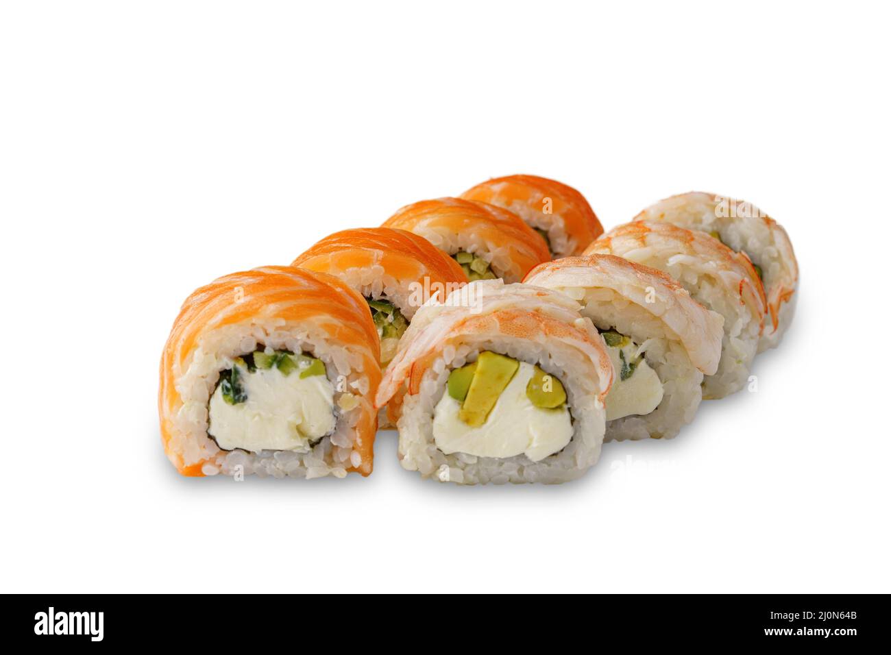 Sushi roll with salmon, cream cheese, cucumber, shrimp, avocado ...