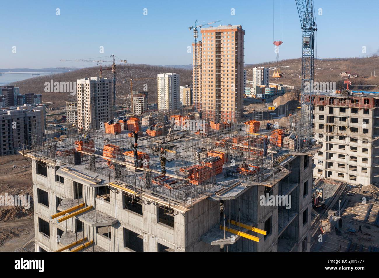 Vladivostok, Russia - March 2, 2022: Construction of a new house. Top ...