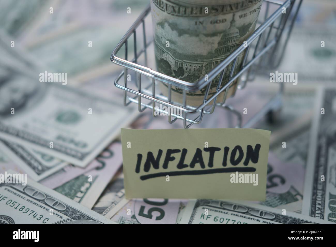 Dollars are in a grocery basket, with a poster on which the inscription ...