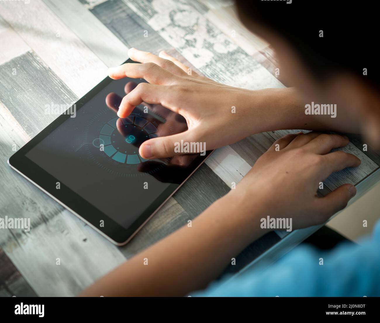 Smart house, home automation, device with app icons. Man uses his ...