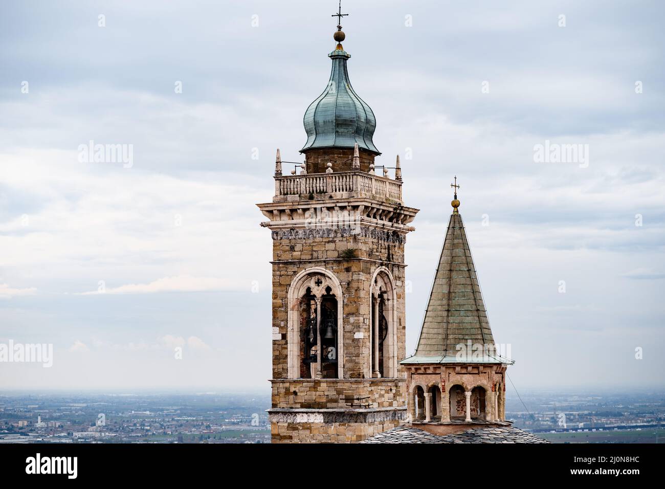 High spires of Basilica of Santa Maria Maggiore. Bergamo Stock Photo ...