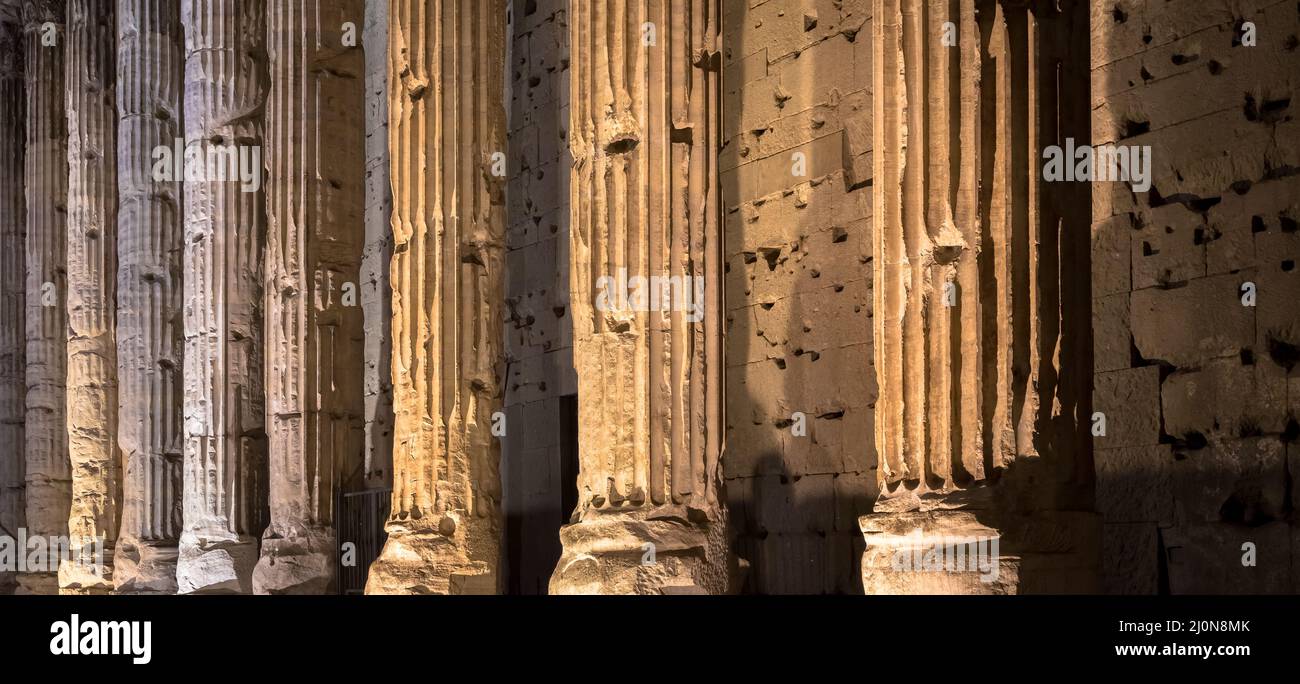 Detail of illuminated column architecture of Pantheon by night, Rome ...