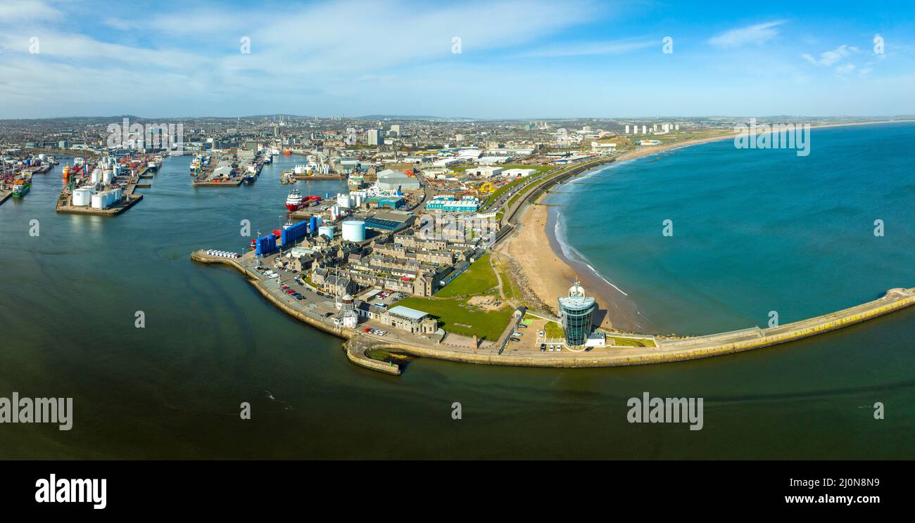 Aerial view from drone of Aberdeen harbour and port with Aberdeen beach ...