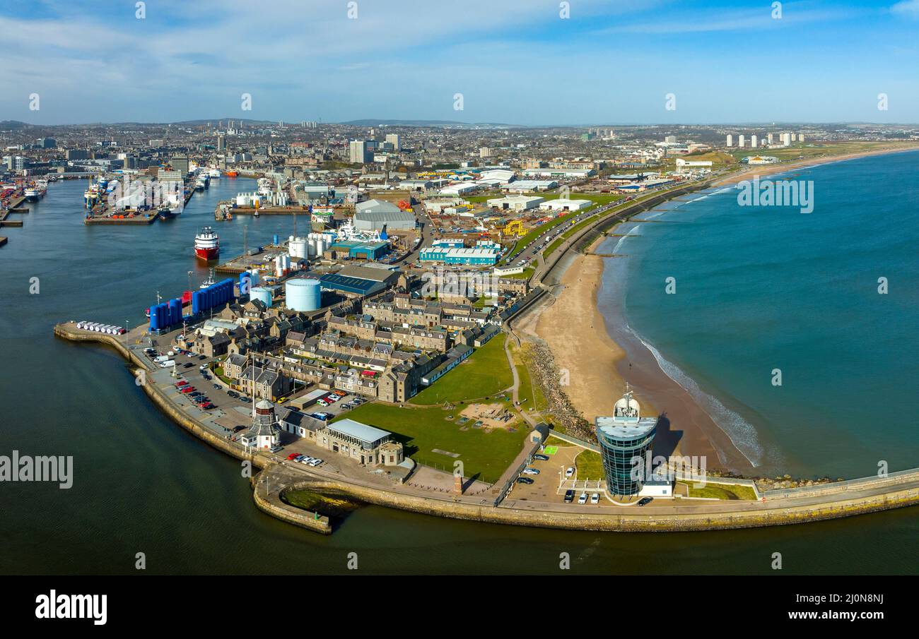 Aerial view from drone of Aberdeen harbour and port with Aberdeen beach ...
