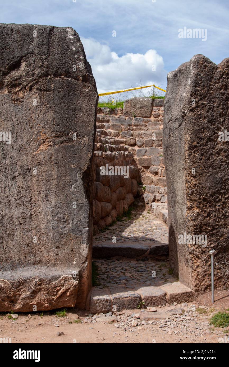 Saqsaywaman Inca archaeological site with large stone walls in Cusco ...