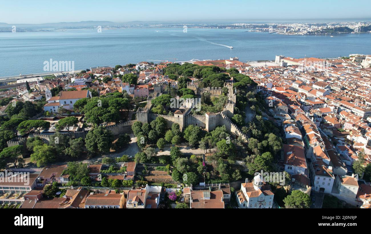 Aerial view of the medieval Sao Jorge Castle in Lisbon, Portugal, with ...