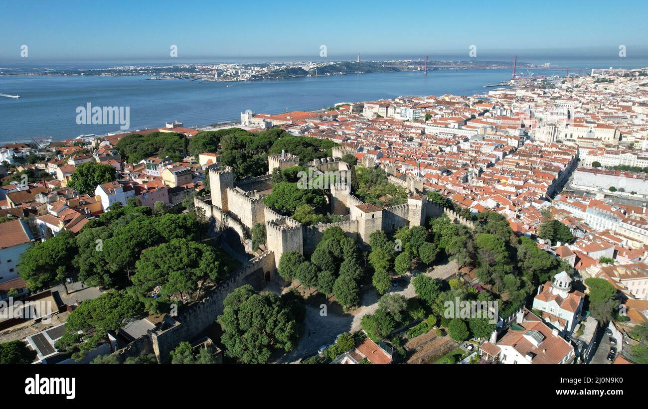 Aerial view of the medieval Sao Jorge Castle in Lisbon, Portugal, with ...