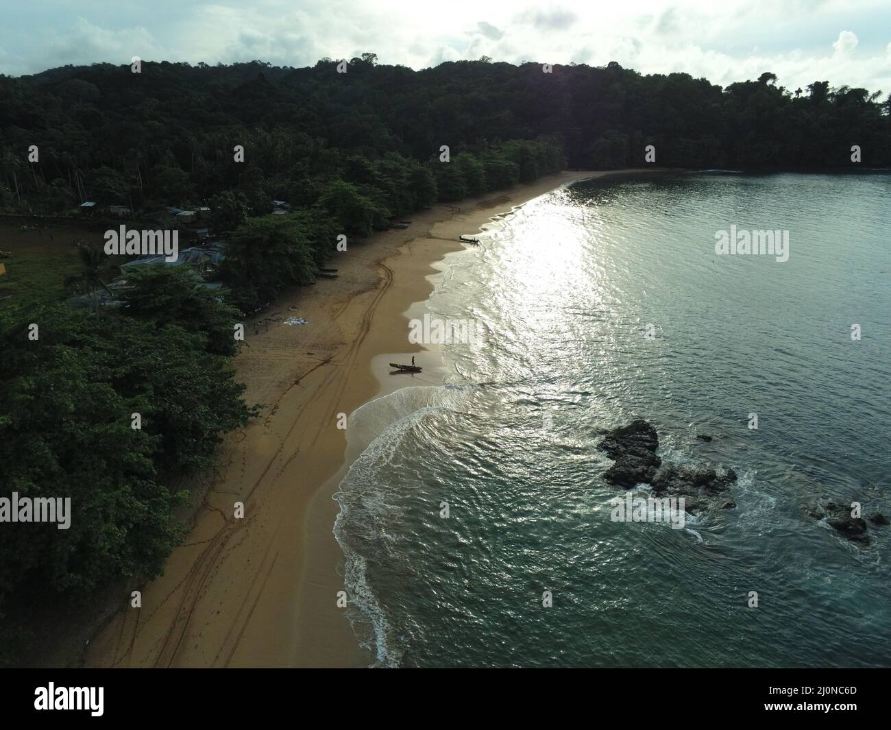 Aerial drone view of a tropical island Ilha do Principe in Sao Tome ...