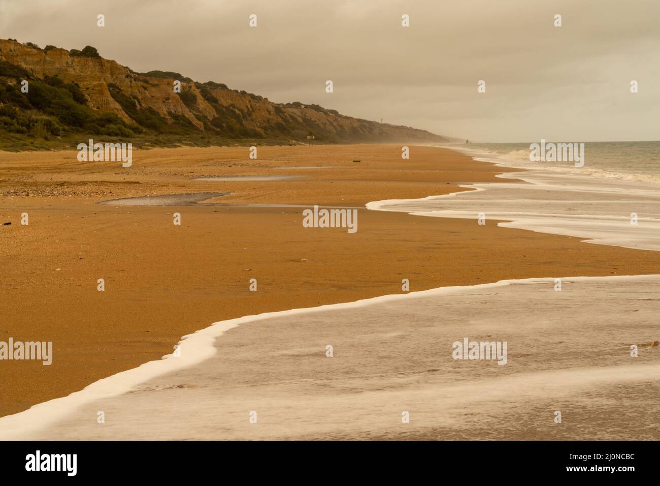 A view of a beautiful long and empty beach with shore break and high ...