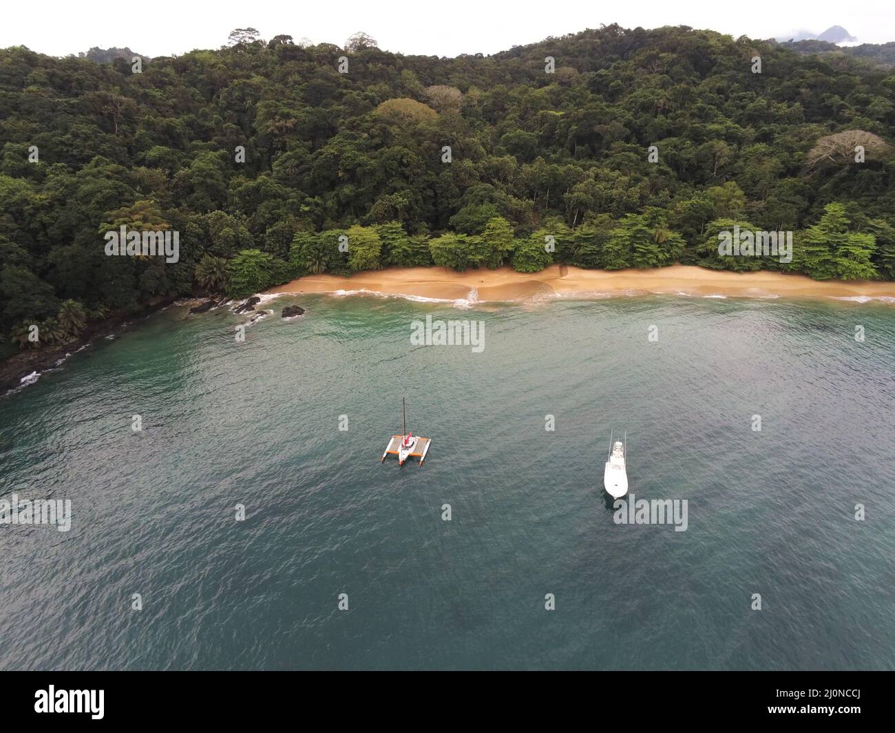 Bird's eye view of the sandy beach with green vegetation. Ilha do ...