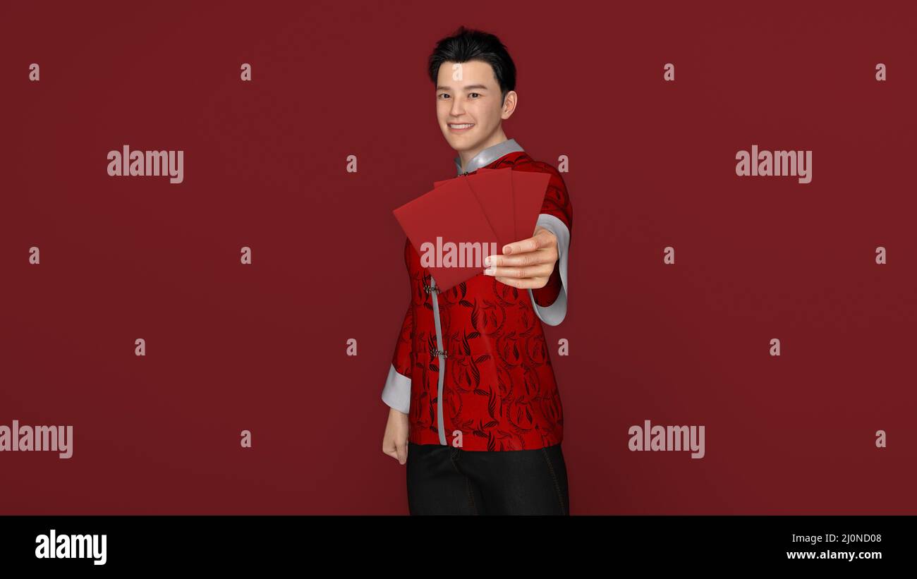 3D Render :Handsome Asian smiling man with Chinese traditional dress ...