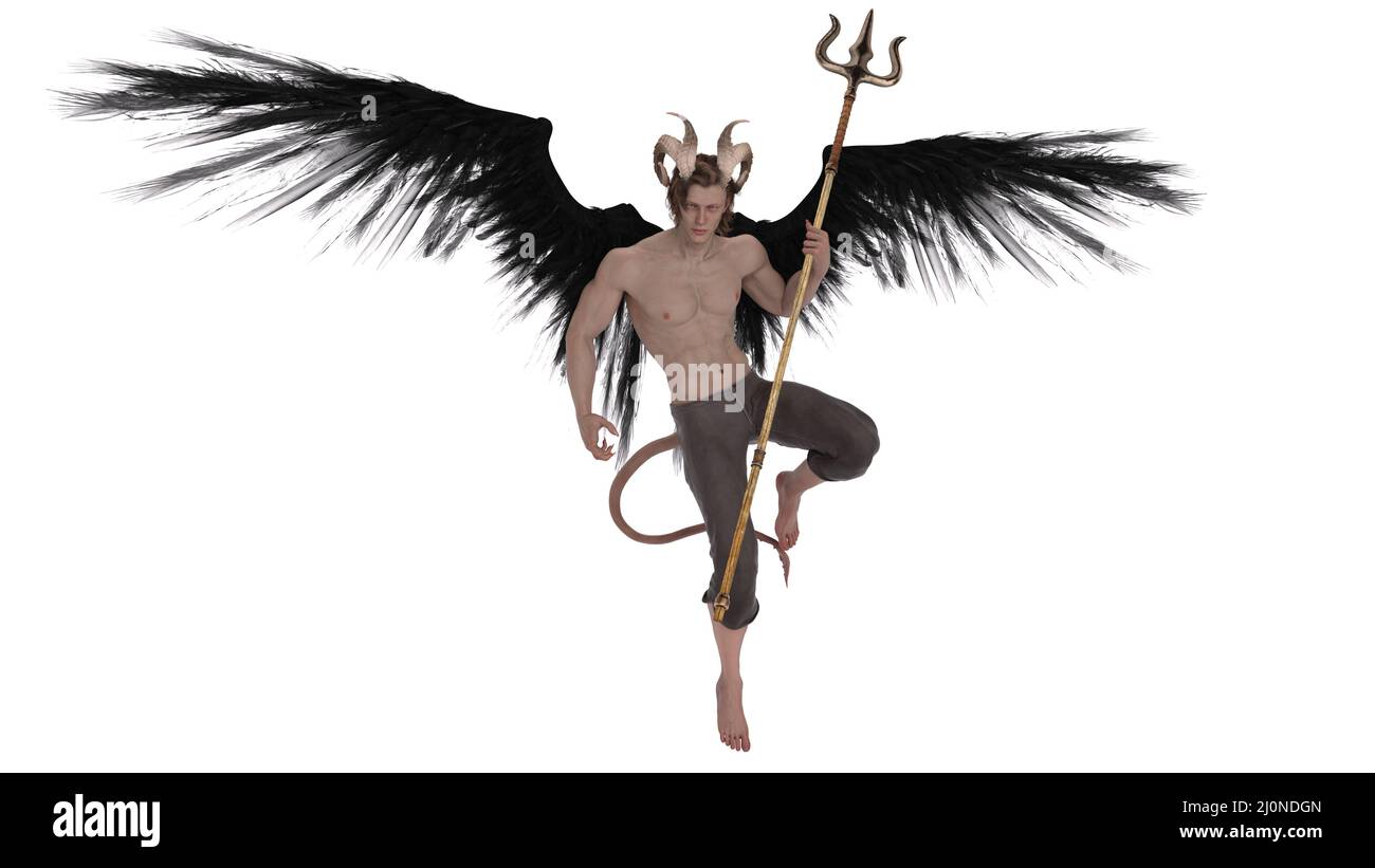 3D Render : Male Devil character with wings and trident, horror ...