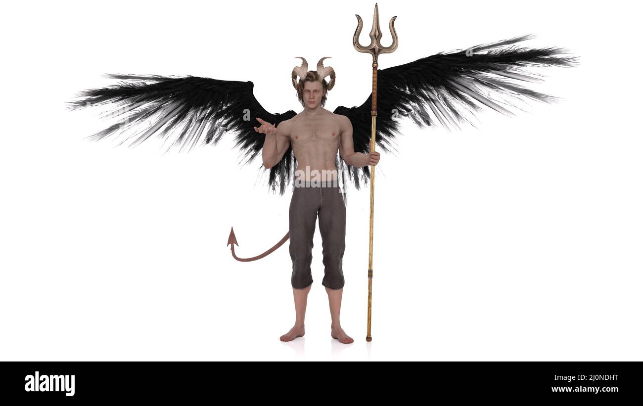 3D Render : Male Devil character with wings and trident, horror ...