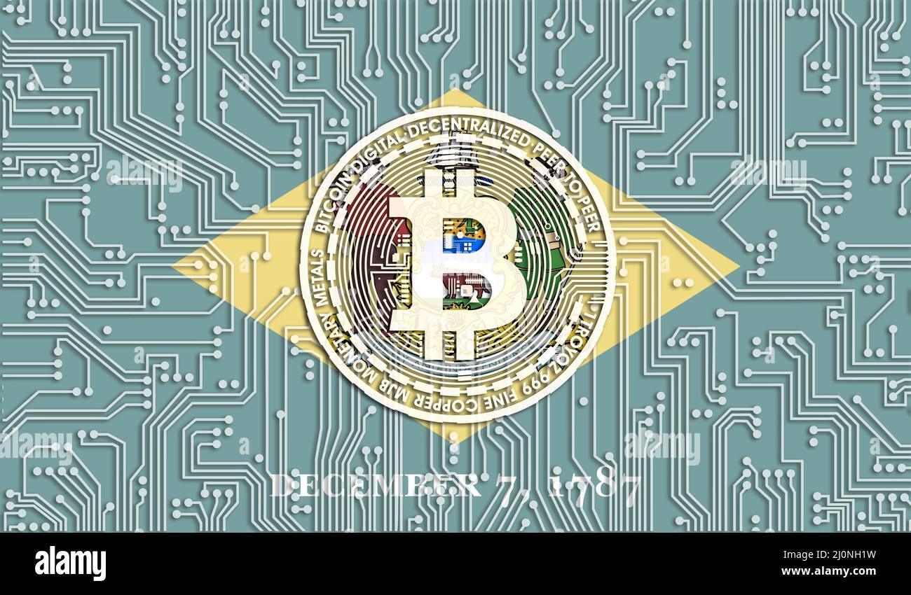 flag of Delaware state of USA and bitcoin, Integrated Circuit Board ...