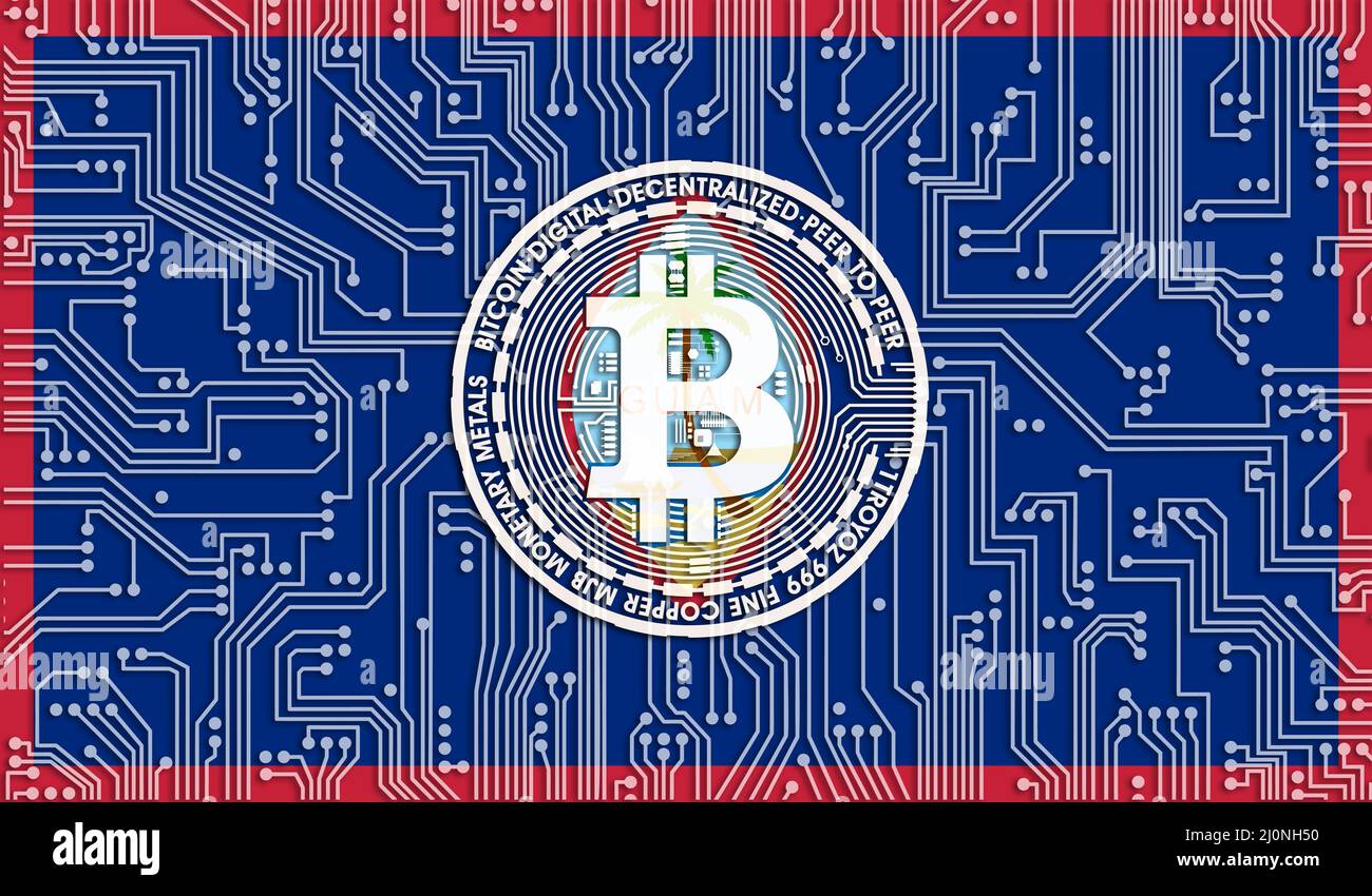 flag of Guam state of USA and bitcoin, Integrated Circuit Board pattern ...