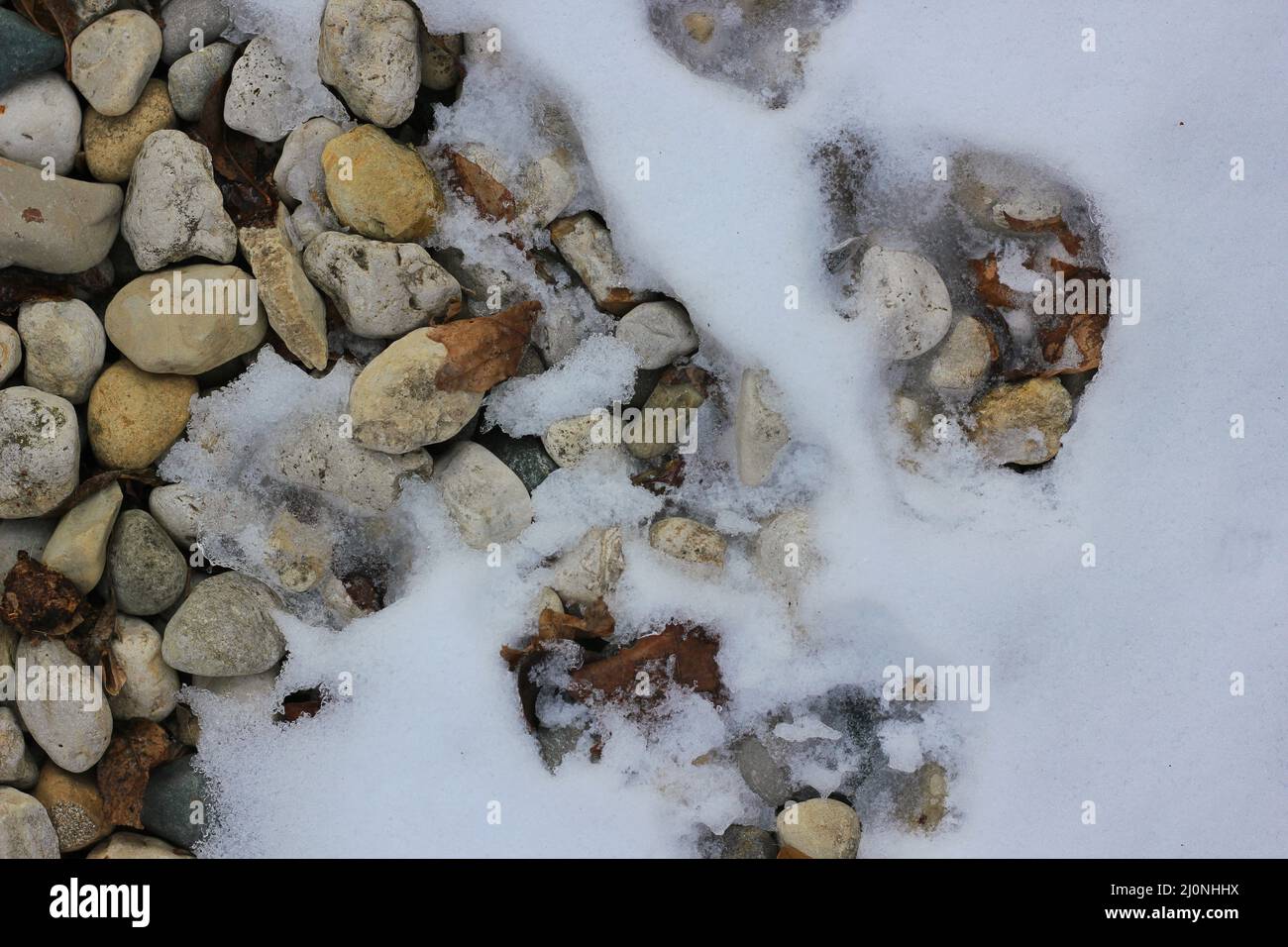Natural rocks and stones laying on the ground covered with fresh white ...