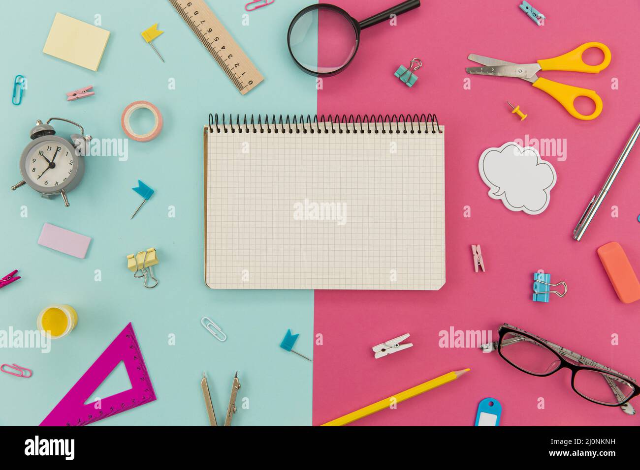 Top view collection stationery objects table. High quality and ...