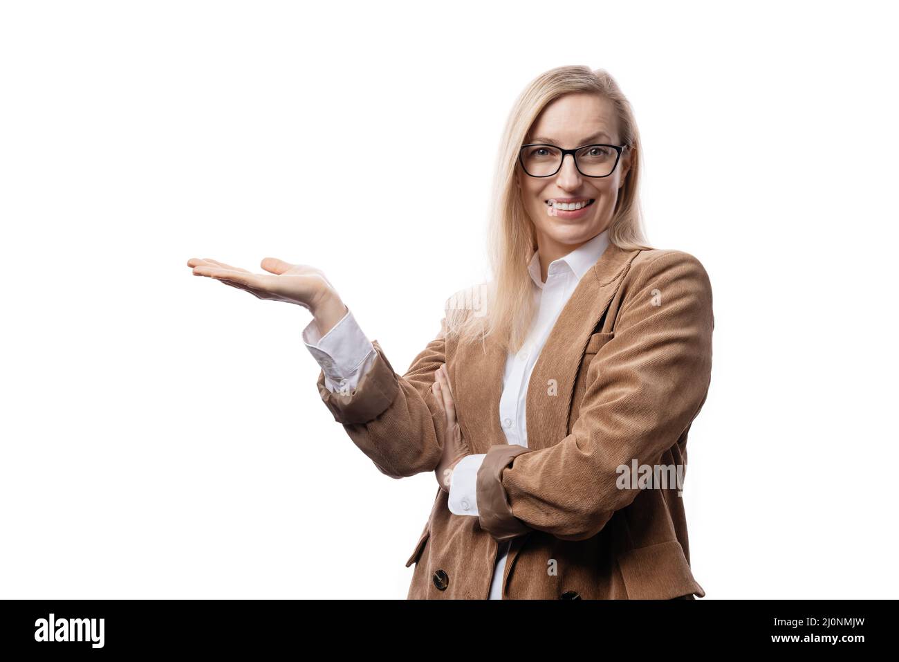 Woman with open palm in studio Stock Photo - Alamy