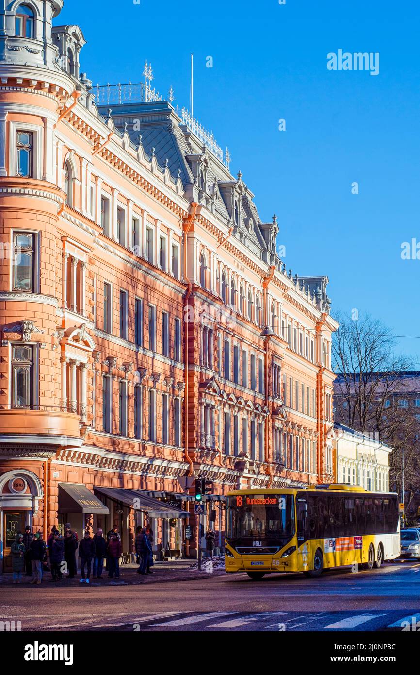 Yellow public bus in the city centre of Turku, operated by Föli on the ...