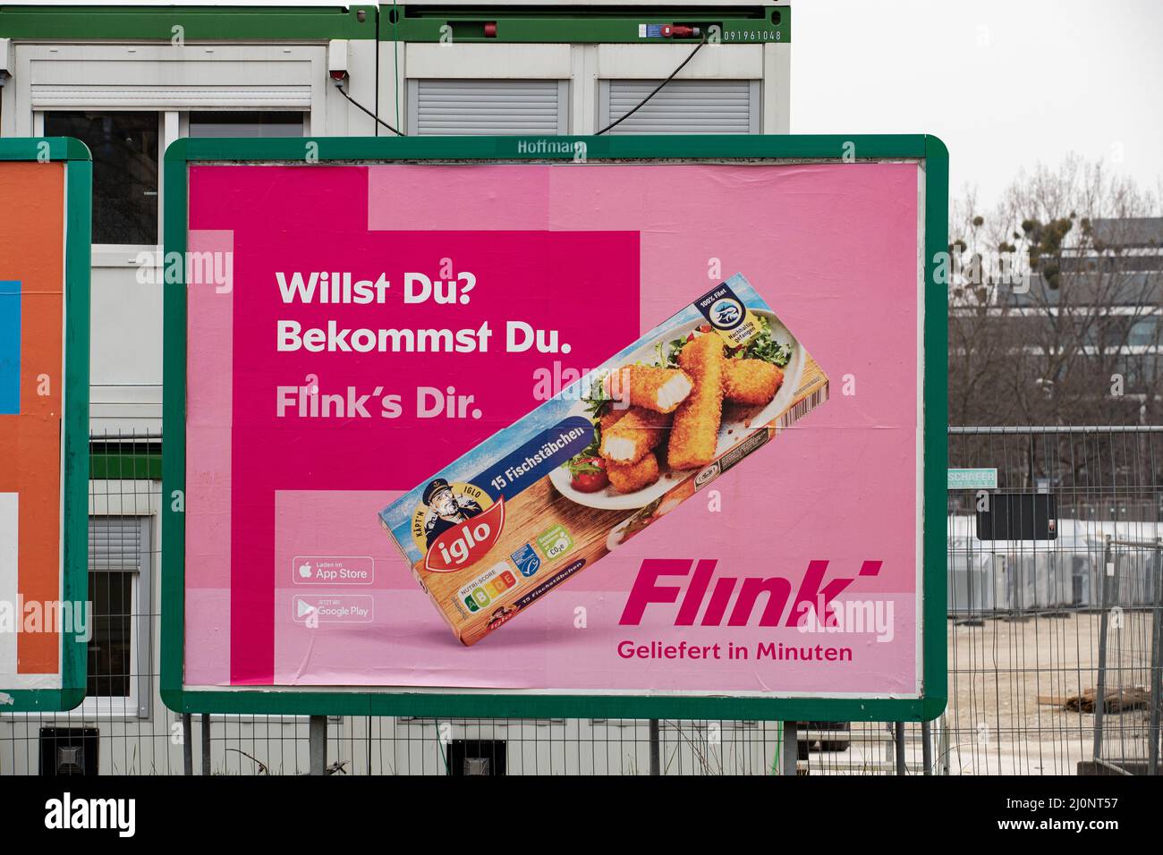 A billboard of the delivery service of Flink with fish sticks of ...