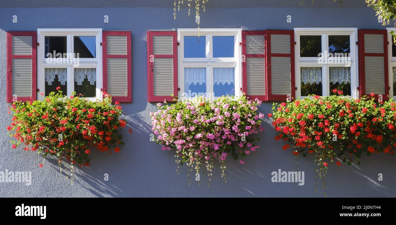 House facade with windows and flower box, Bavaria, Germany Stock Photo ...