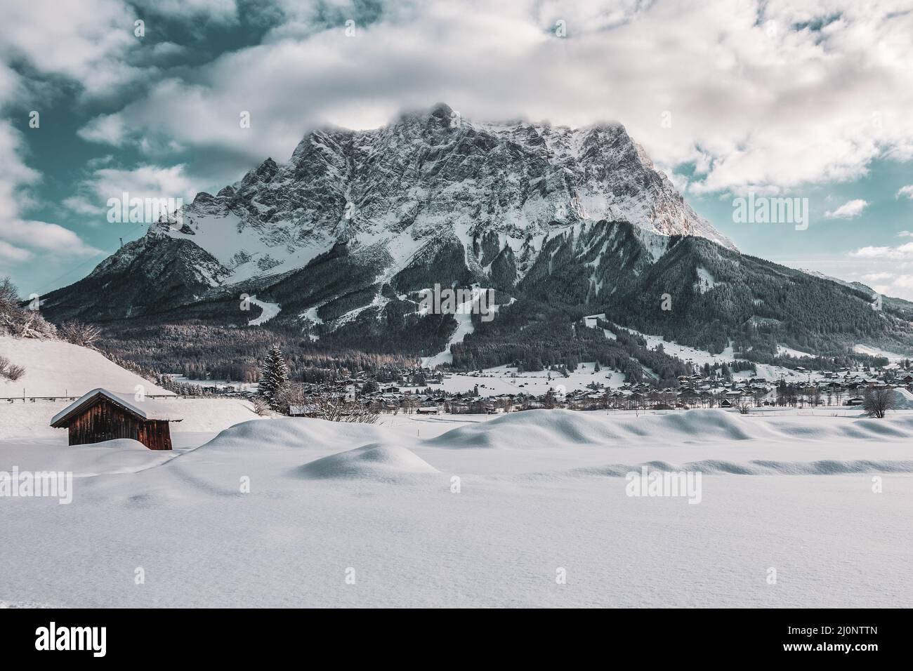 Panoramic view of the Zugspitze and Ehrwald in winter Stock Photo - Alamy