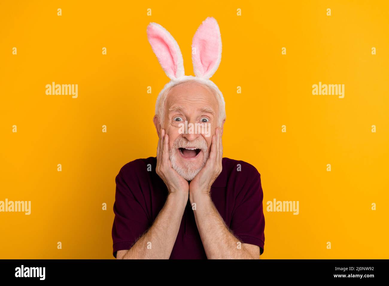 Photo of senior excited man hands touch head face reaction wear ...