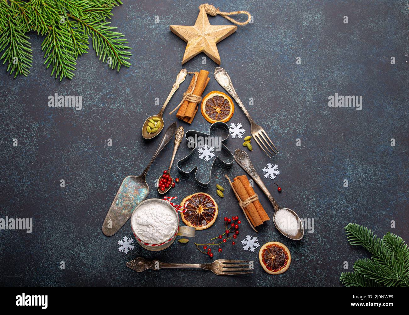 Christmas tree from kitchen tools and baking ingredients Stock Photo ...