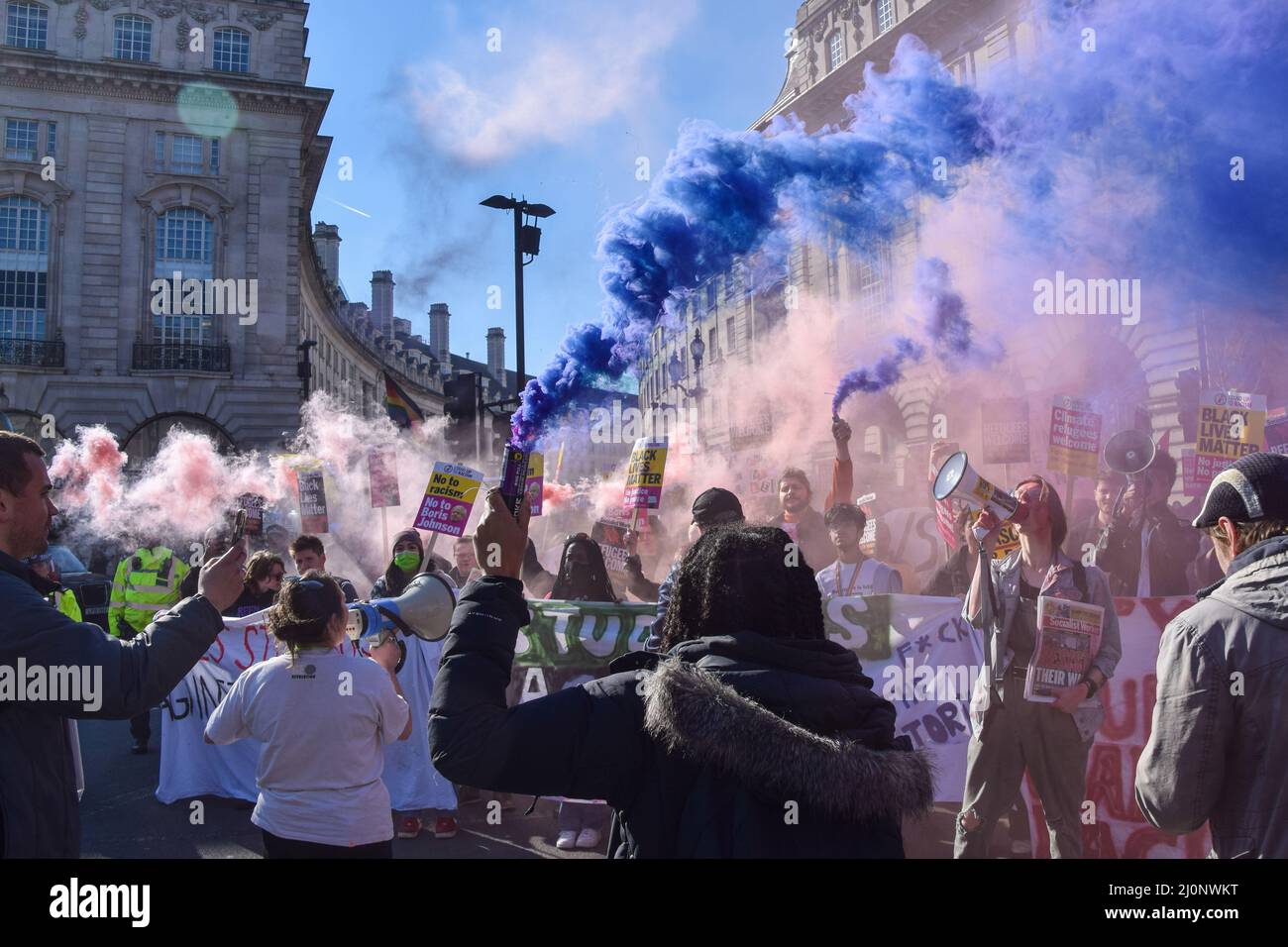 London, UK, 19th March 2022. Protesters in Piccadilly Circus. Thousands ...