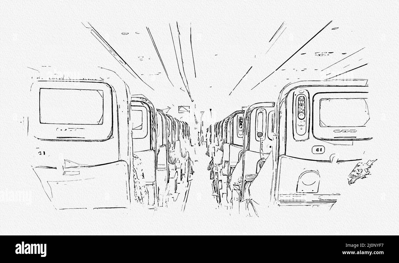 Pencil painting illustration of Interior of airplane with passengers on ...