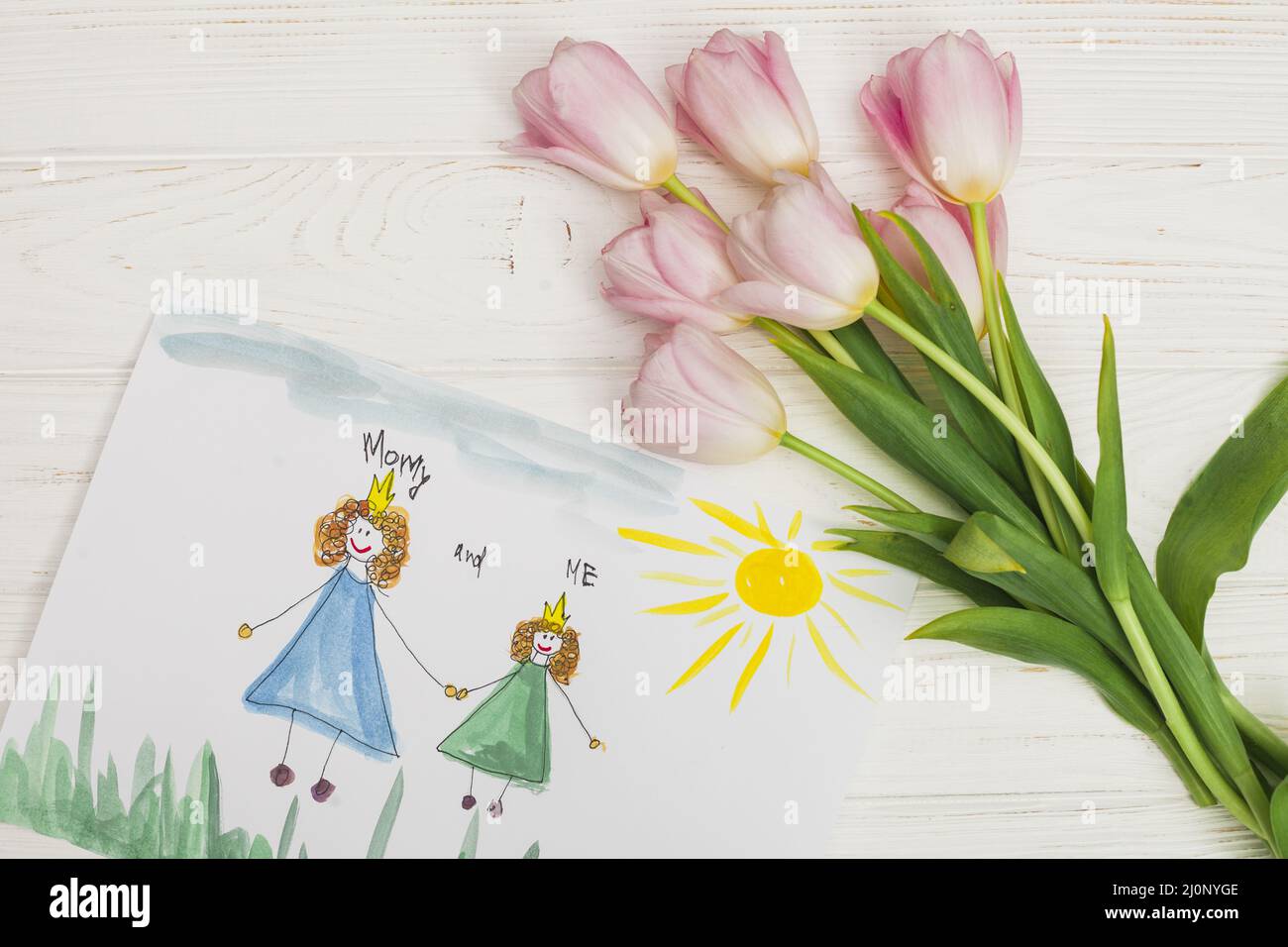 Kid drawing mother daughter with flower. High quality and resolution ...