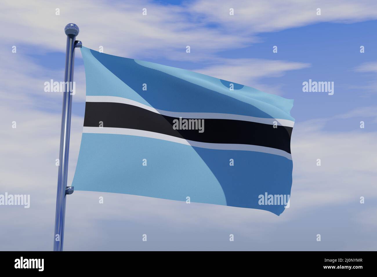 3D illustration of the waving flag of Botswana with a flag pole in the blue sky waving in the ...